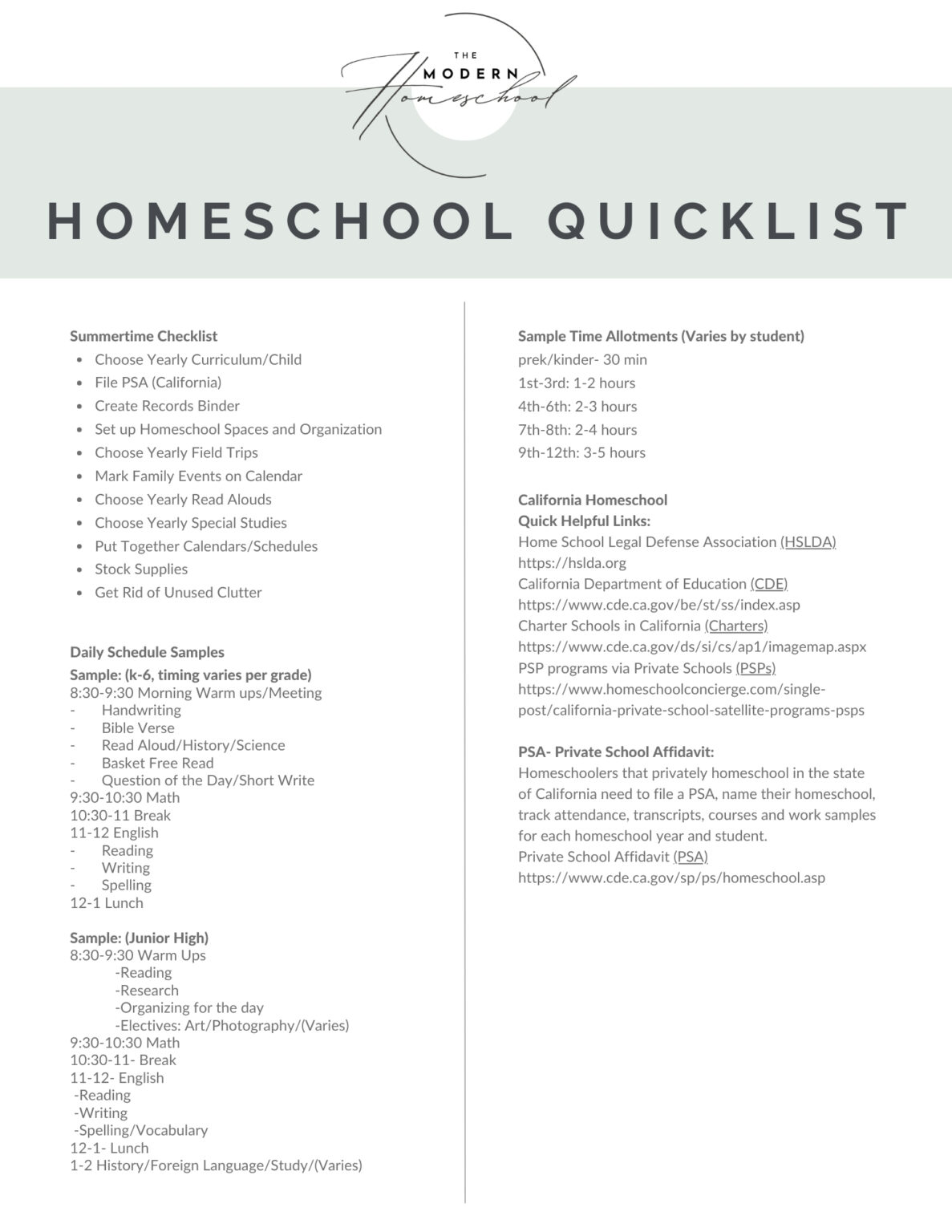 Quicklist – The Modern Homeschool